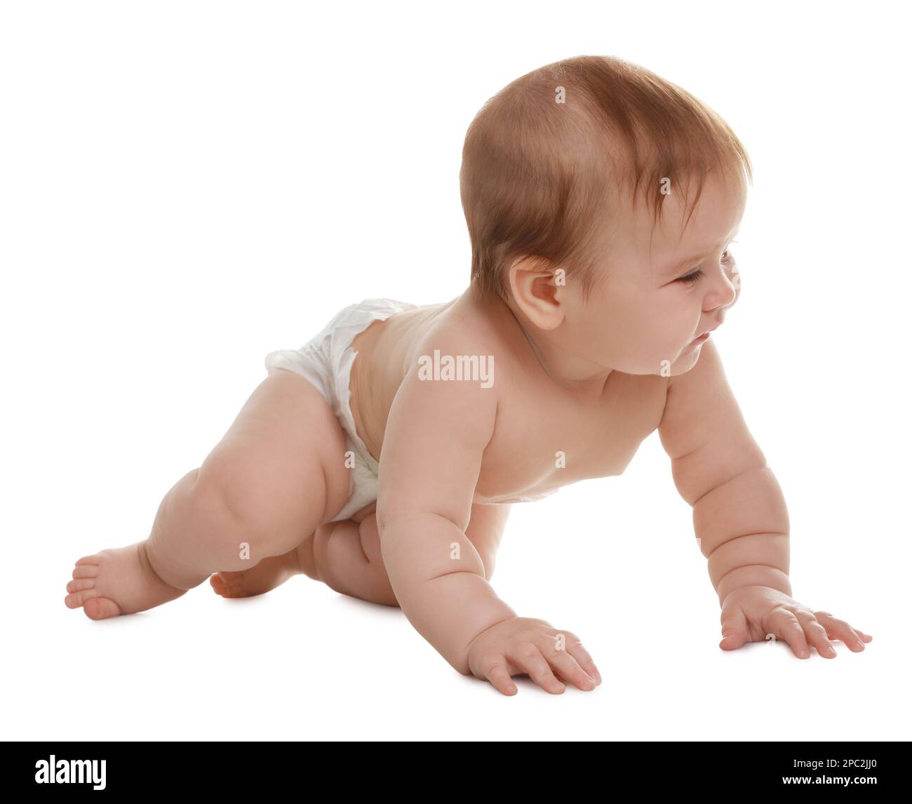 Cute little baby crawling on white background Stock Photo - Alamy