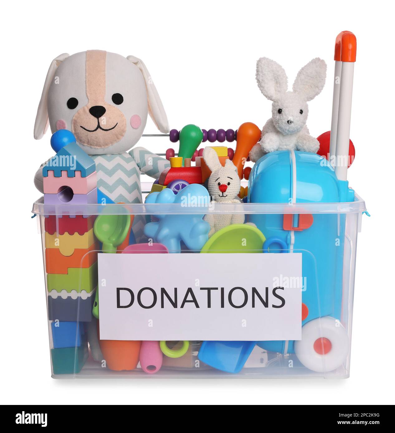 Donation box full of different toys isolated on white Stock Photo - Alamy