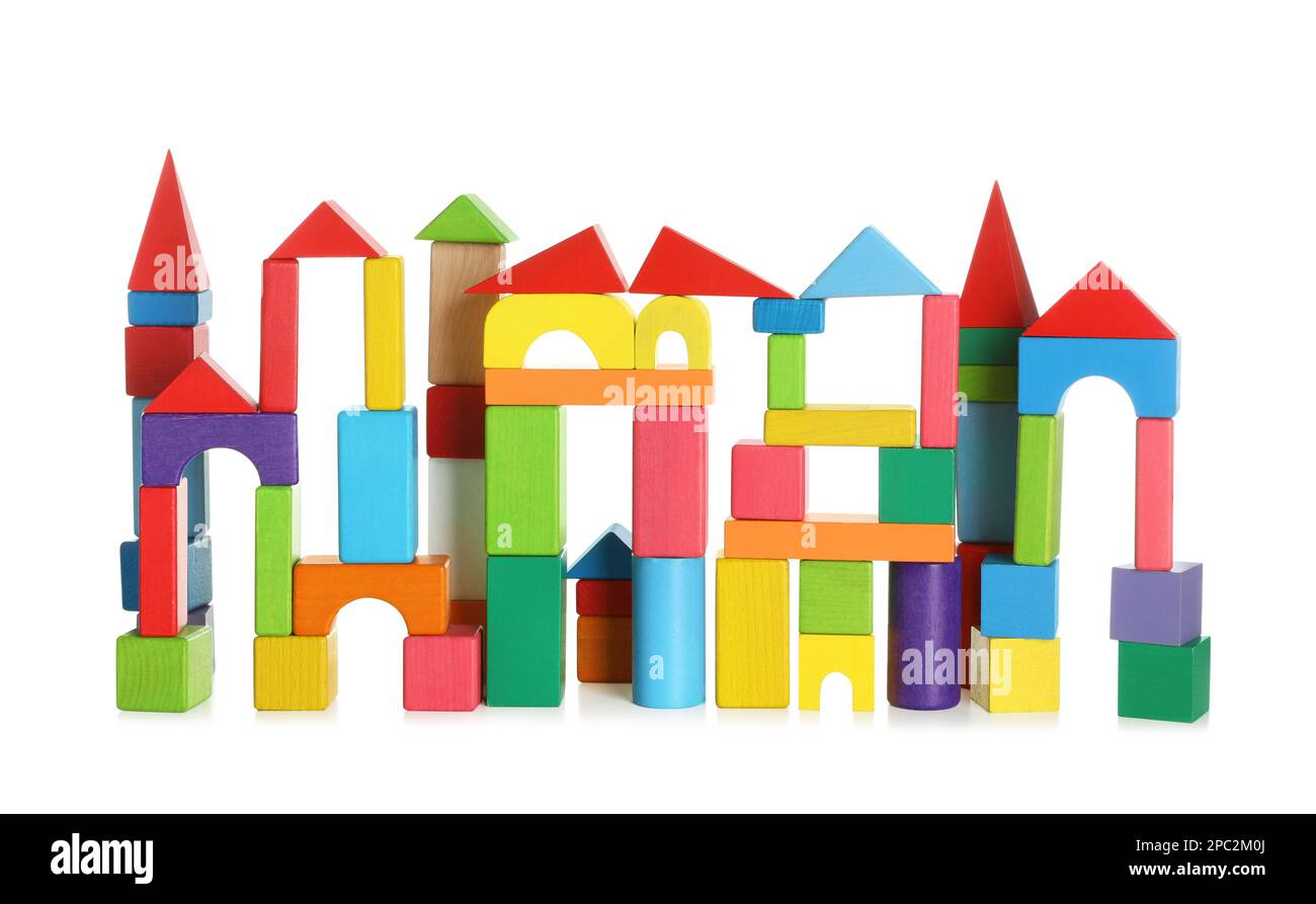 Building made of colorful wooden blocks on white background Stock Photo ...