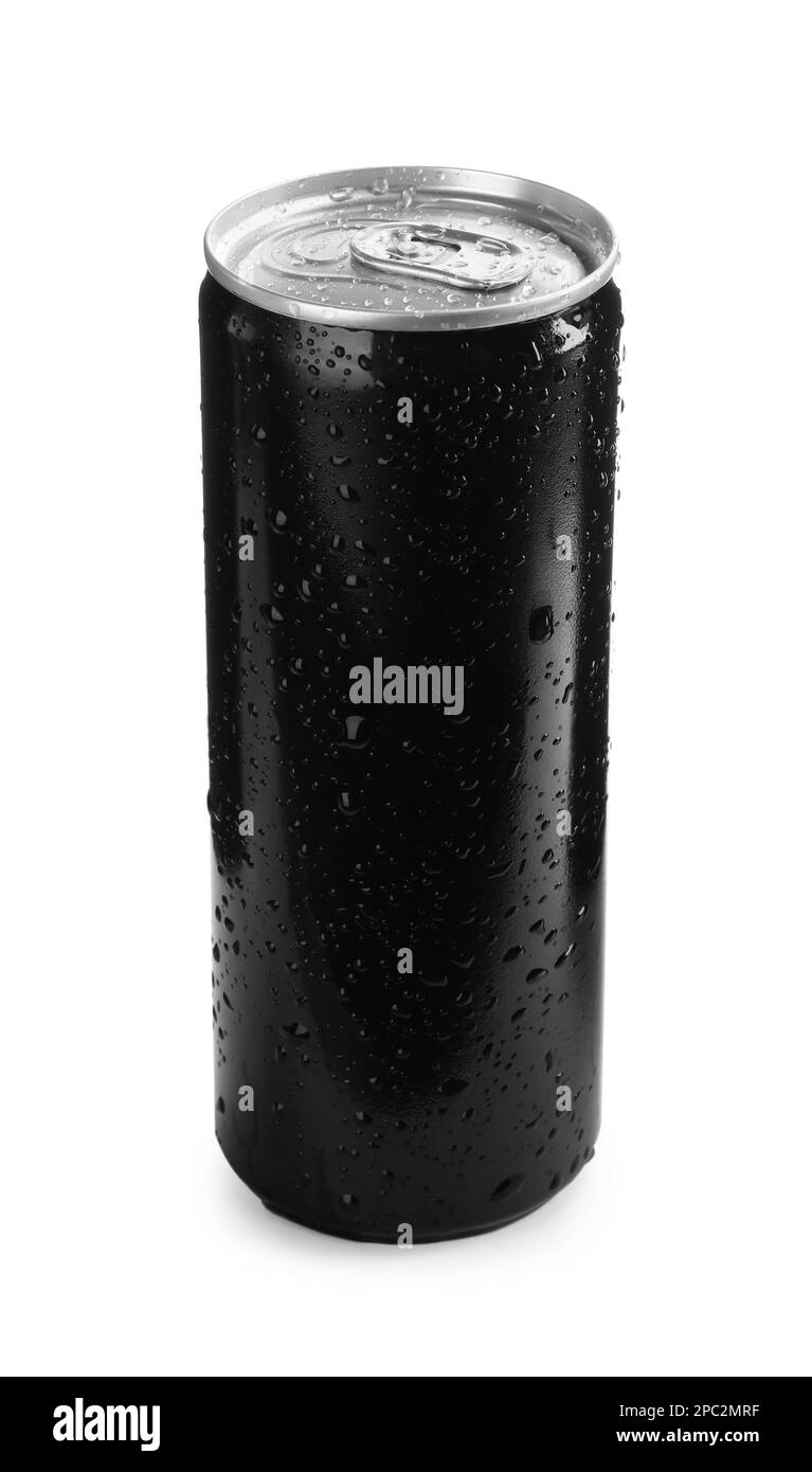 Black can of energy drink with water drops isolated on white. Mockup ...
