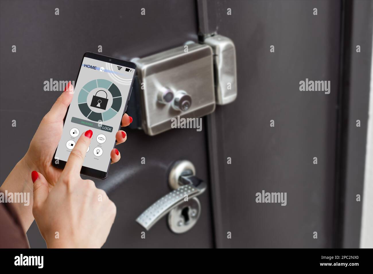 smart house, home automation, device with app icons. Man uses his ...