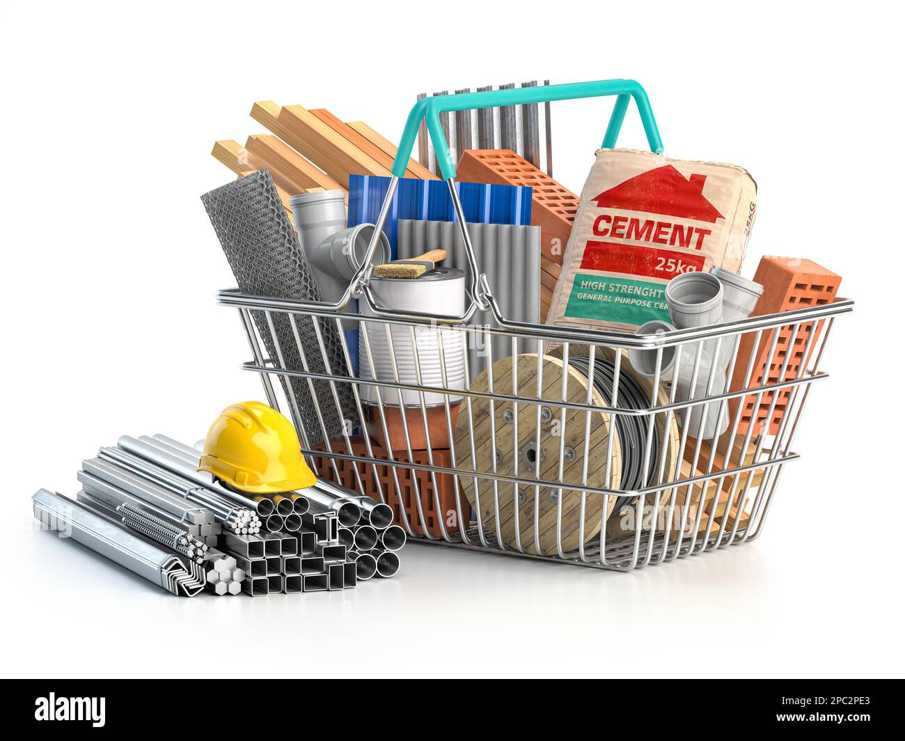 Shopping basket full of construction materials and tools with calculator. 3d illustration Stock ...