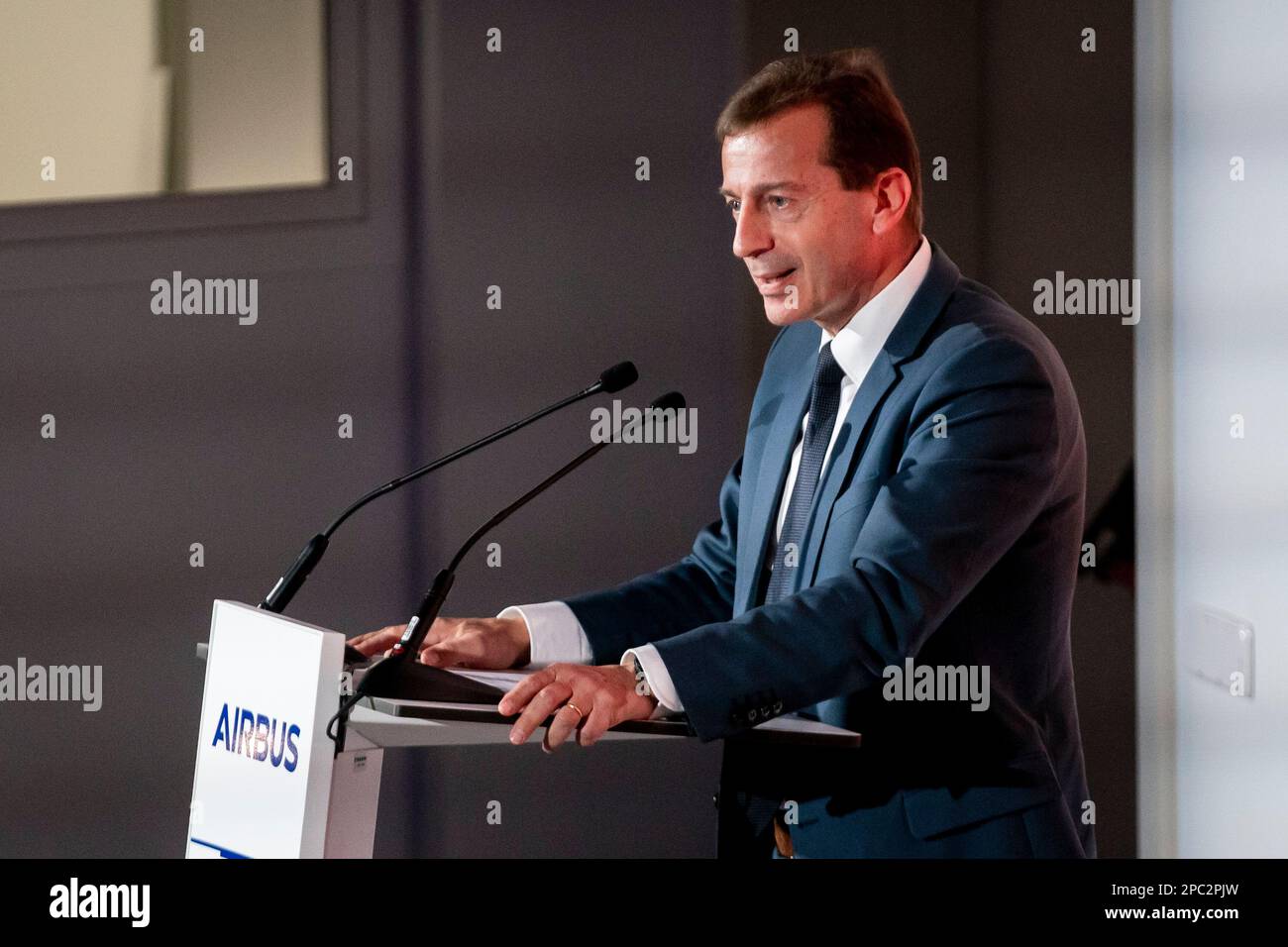 The CEO of Airbus Spain, Guillaume Faury, speaks during the central ...