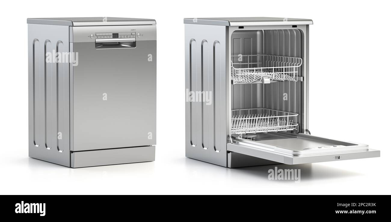 Dishwasher open and closed isolated on white background. 3d ...