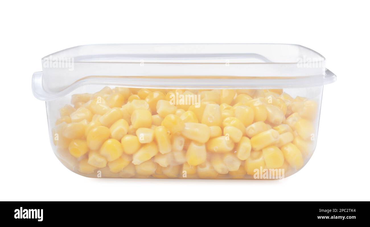 Fresh corn kernels in plastic container isolated on white Stock Photo ...