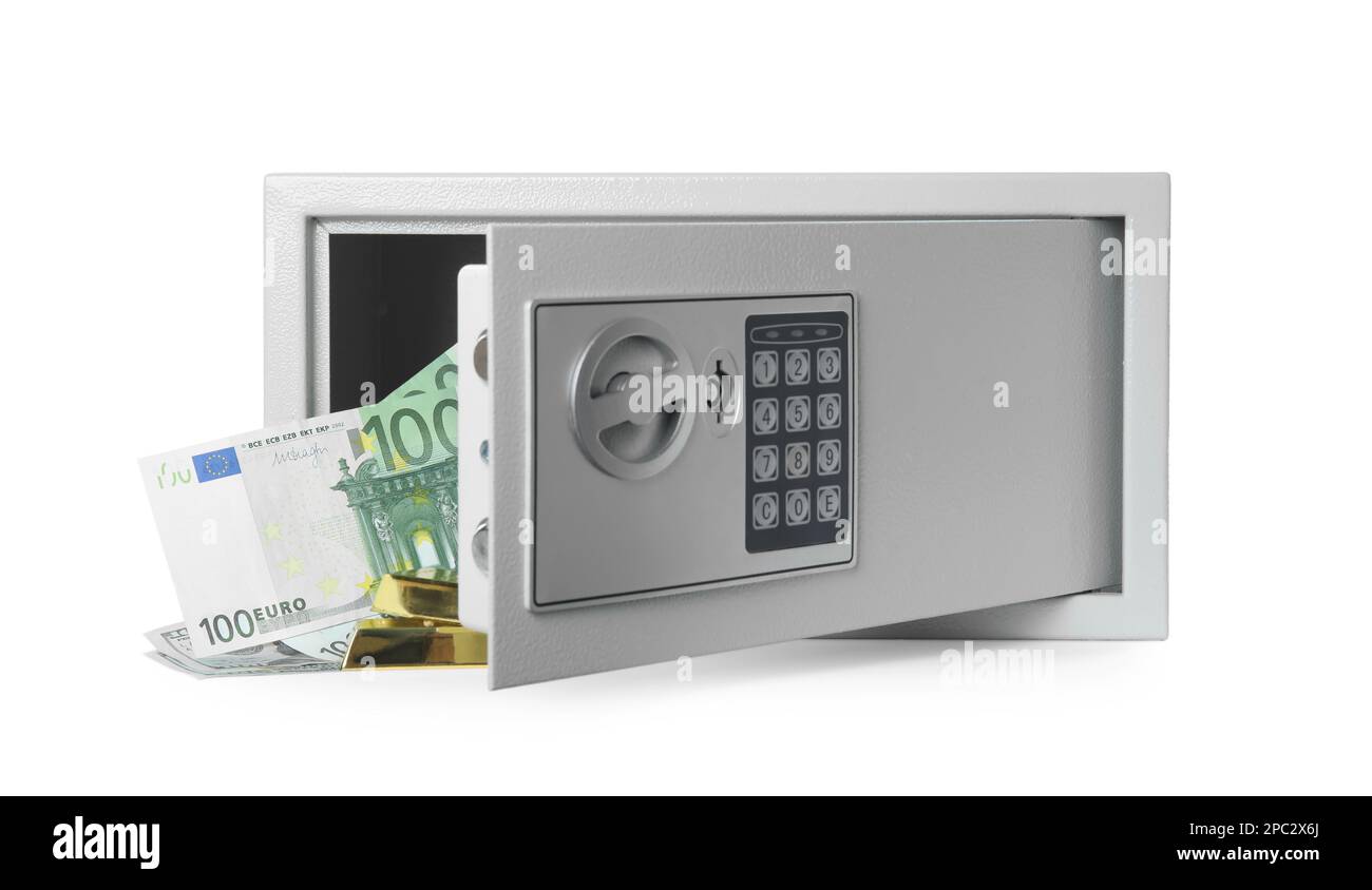 Open steel safe with money and gold bars on white background Stock ...