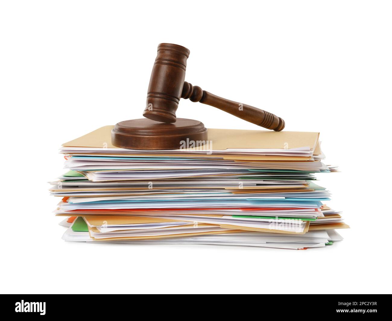 Stack of different files with documents and gavel on white background ...