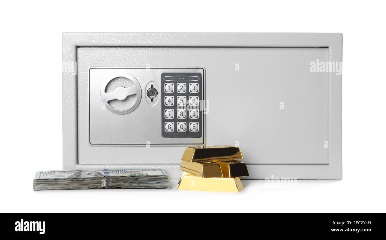 Steel safe with money and gold bars on white background Stock Photo - Alamy