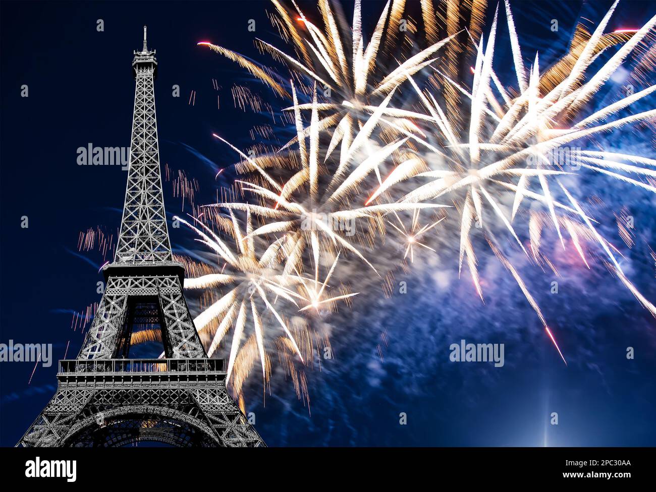 Celebratory colorful fireworks over the Eiffel Tower in Paris, France ...