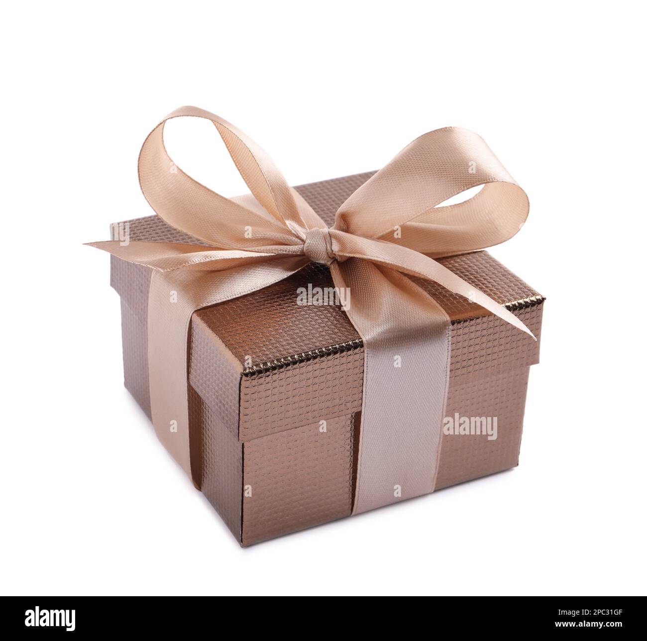 Shiny gift box with golden bow on white background Stock Photo - Alamy