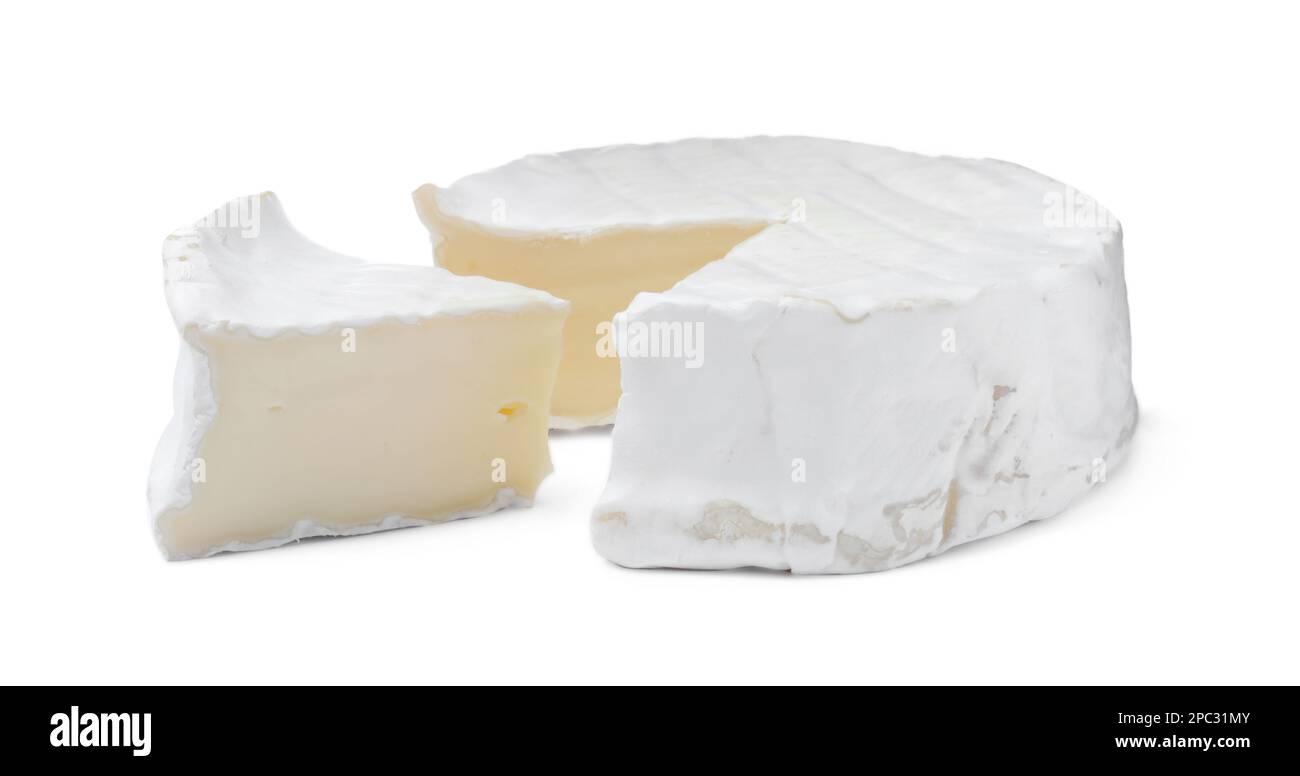 Tasty cut brie cheese isolated on white Stock Photo - Alamy