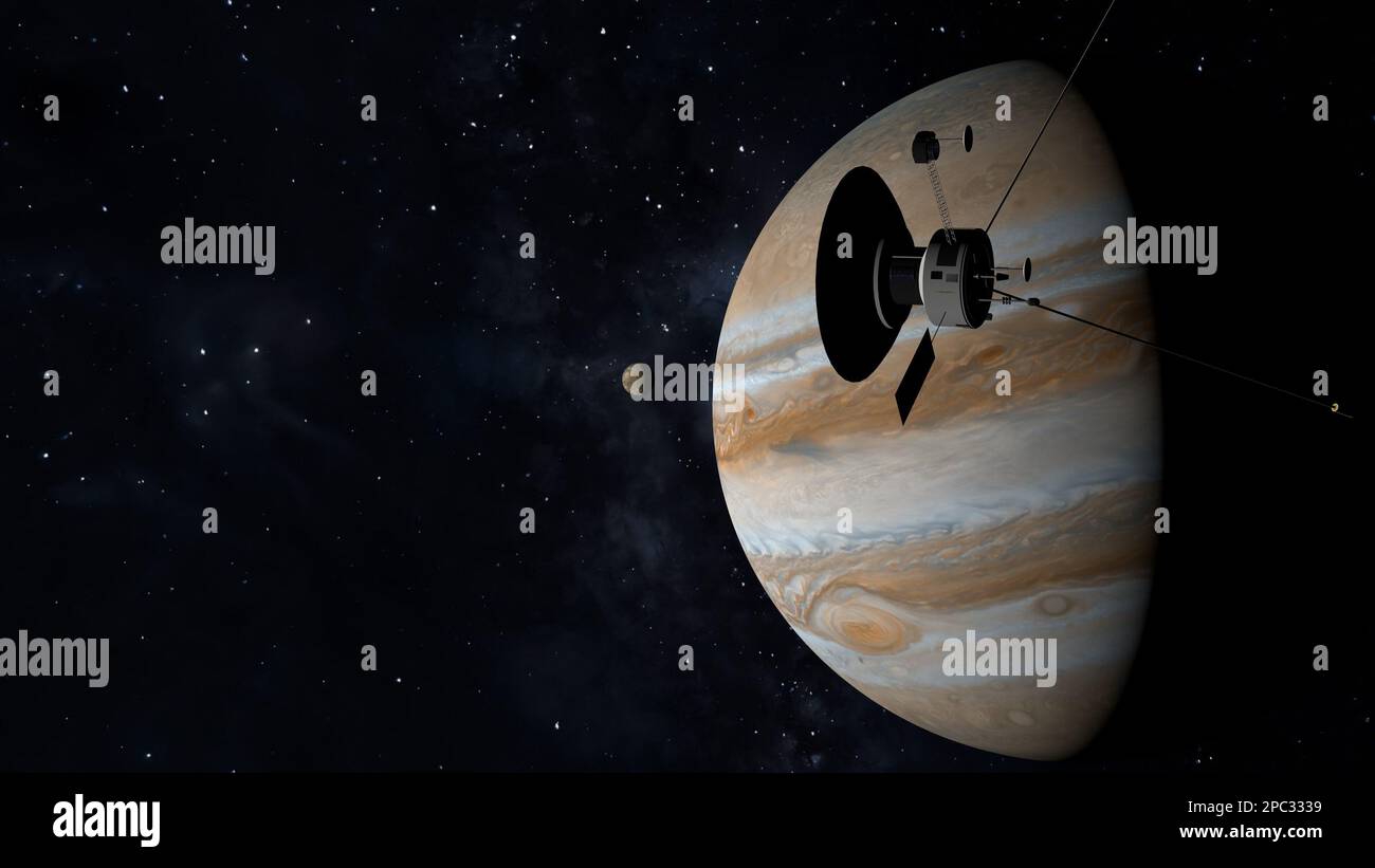 Space probe flying near Jupiter. Space exploration. 3D illustration ...