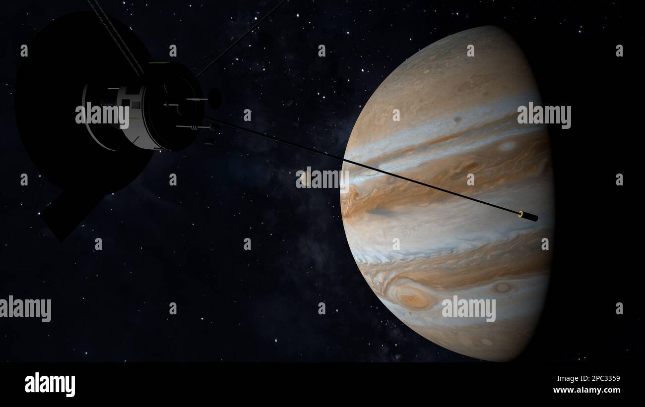 Space probe flying near Jupiter. Space exploration. 3D illustration ...