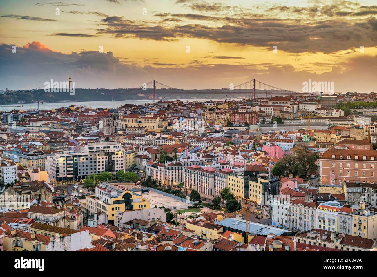 Lisbon Portugal sunset city skyline at Lisbon Baixa district Stock ...