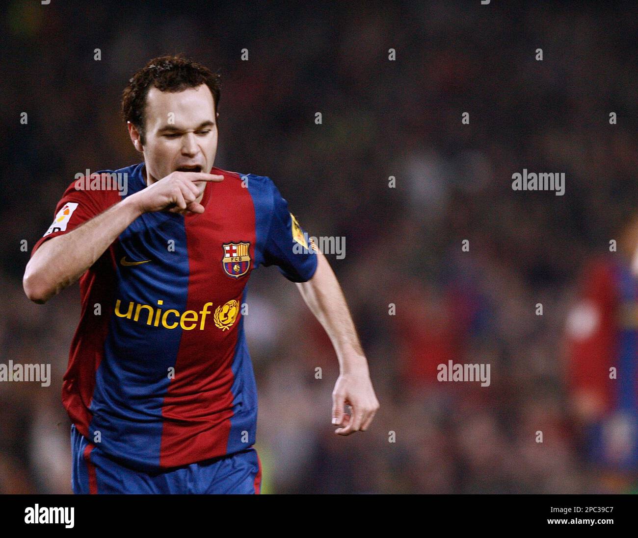 Barcelona player Andres Iniesta celebrates his goal against Gimnastic ...