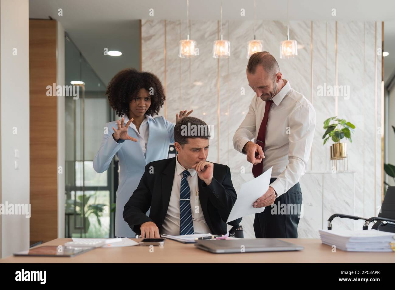 Stressed overwhelmed businesspeople feels tired at corporate meeting ...