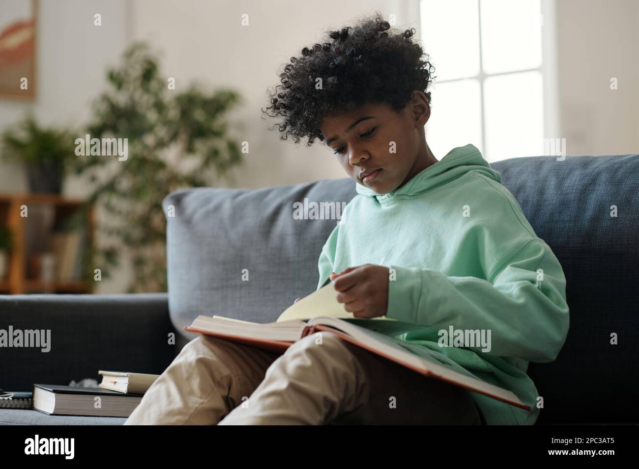 Serious cute schoolboy making notes in copybook while sitting on couch ...