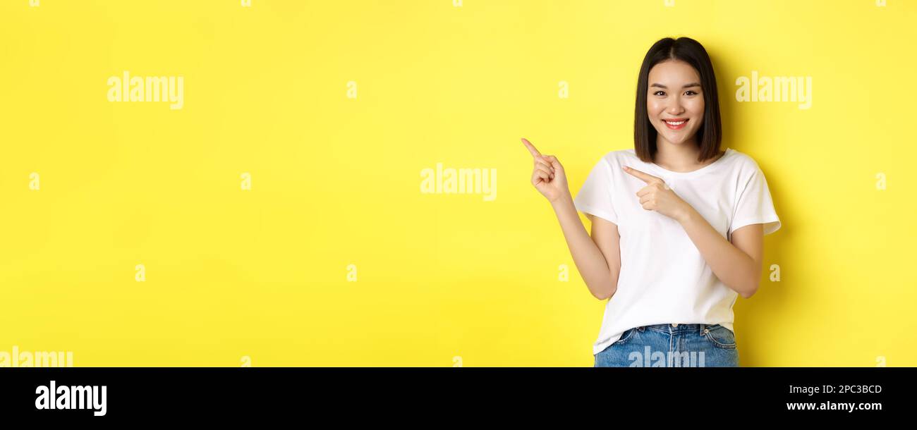 Beauty and fashion concept. Beautiful asian woman in white t-shirt ...