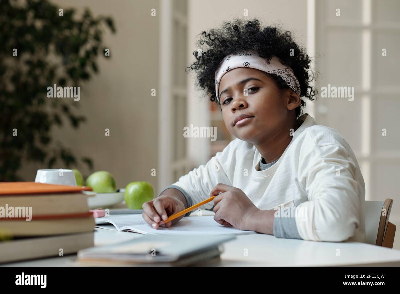 Cute African American schoolboy with pencil looking at camera while ...