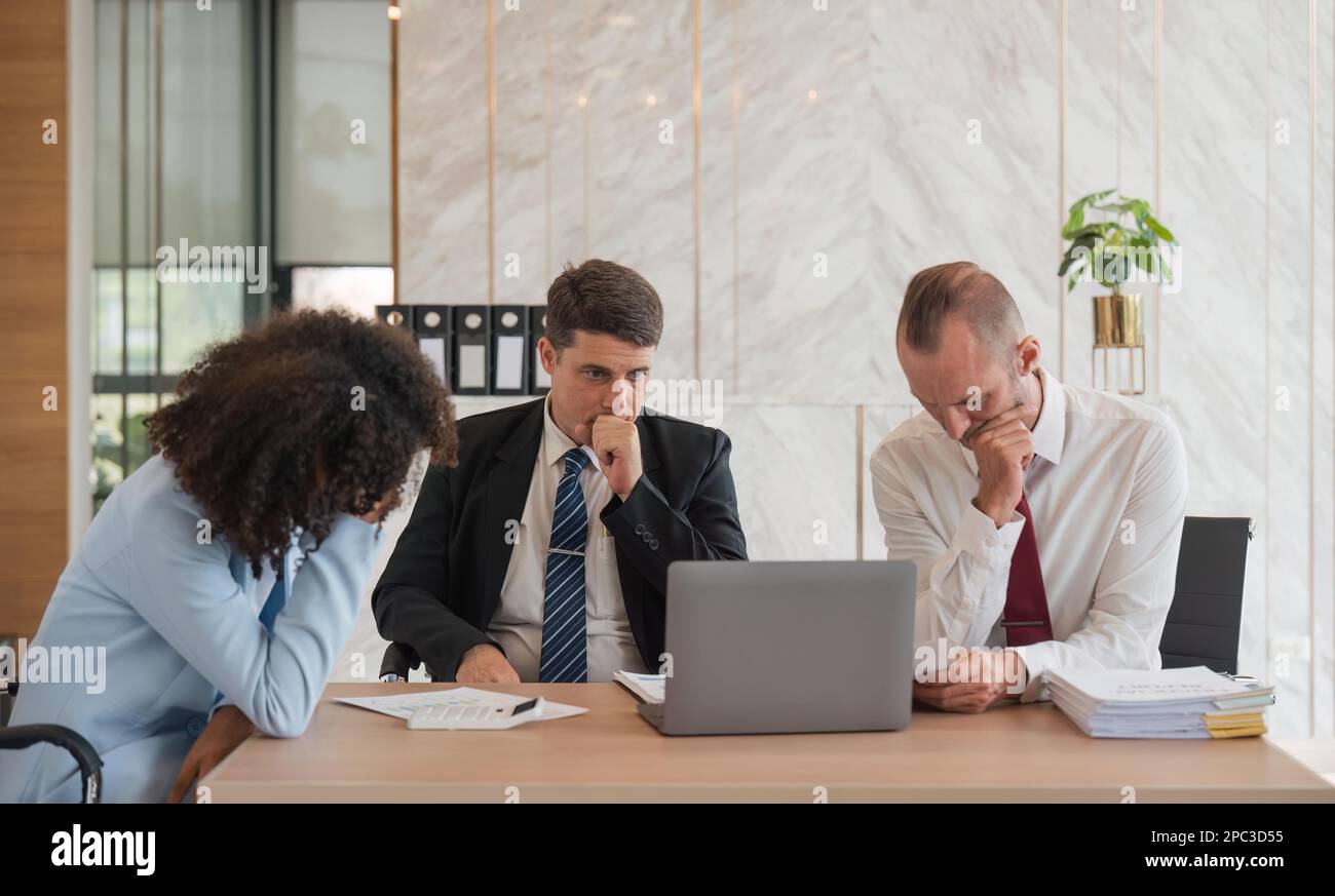 Stressed overwhelmed businesspeople feels tired at corporate meeting ...