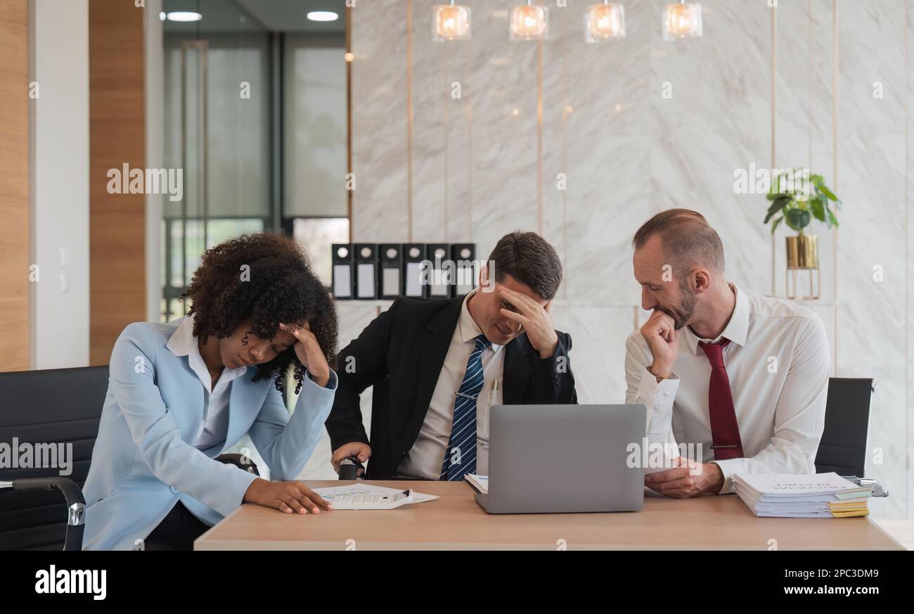 Stressed overwhelmed businesspeople feels tired at corporate meeting ...