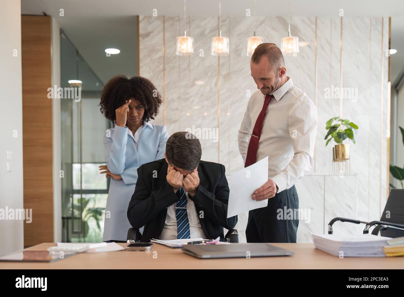 Stressed overwhelmed businesspeople feels tired at corporate meeting ...