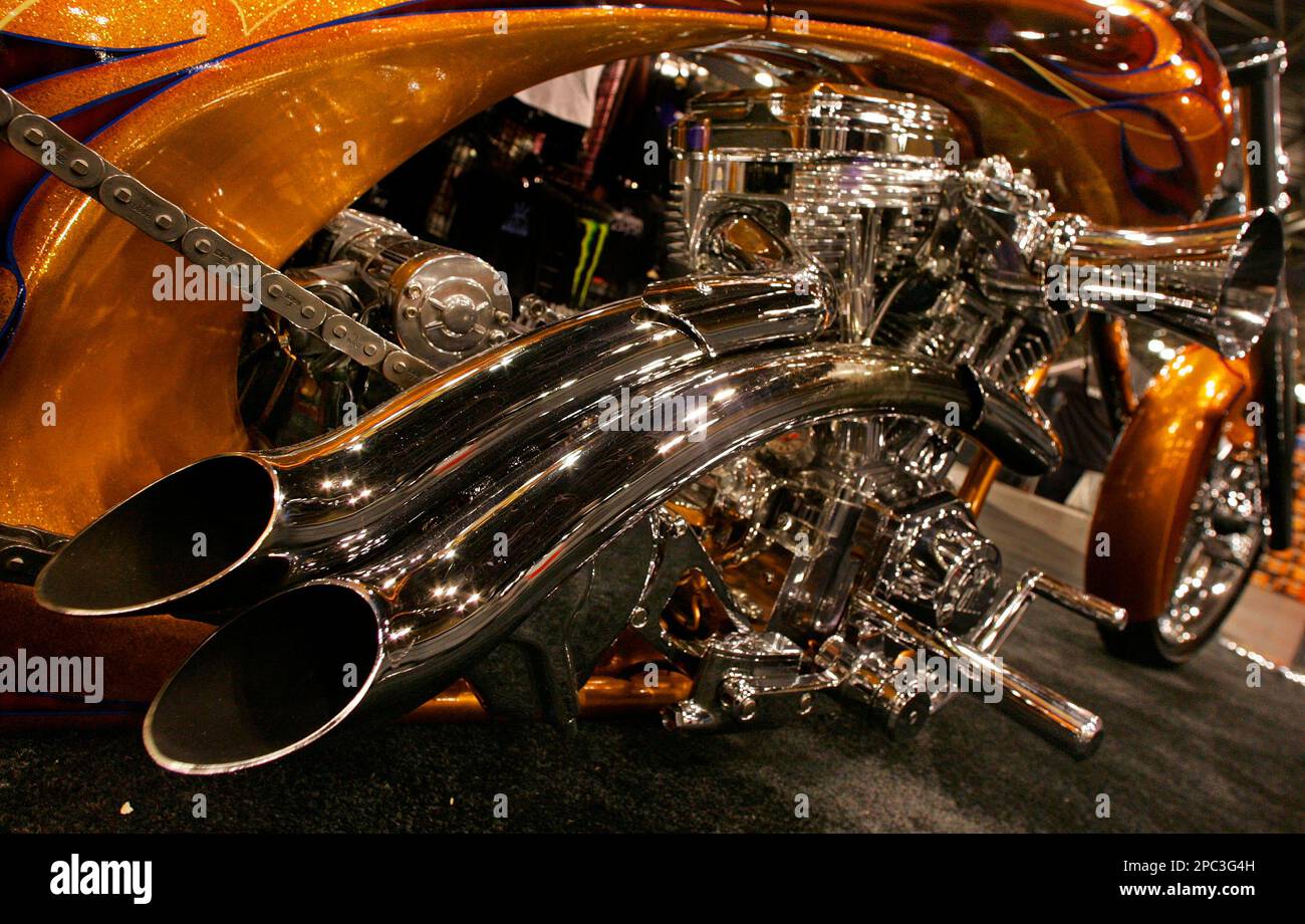 A custom motorcycle is on display during the Cycle World International ...
