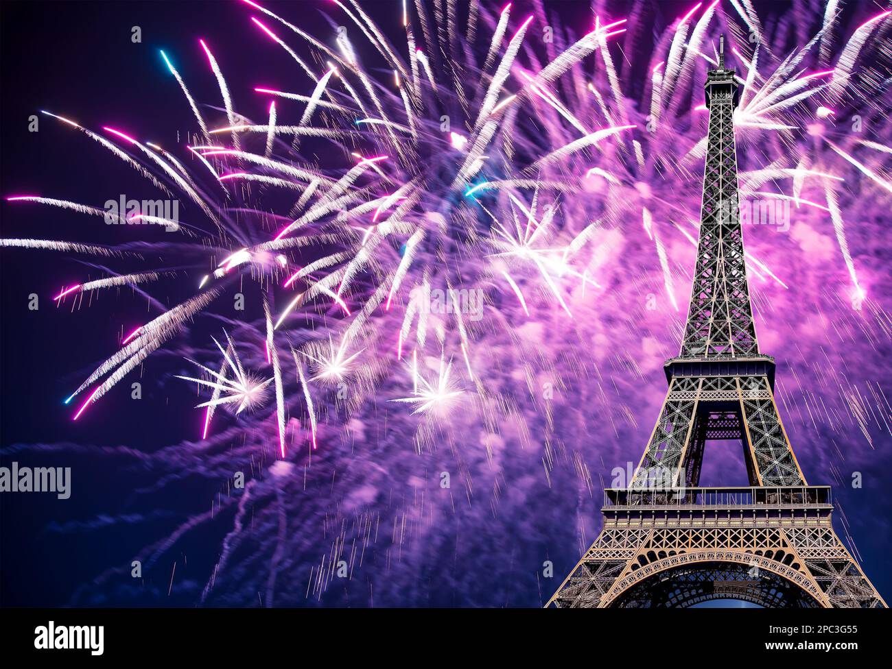 Celebratory colorful fireworks over the Eiffel Tower in Paris, France ...