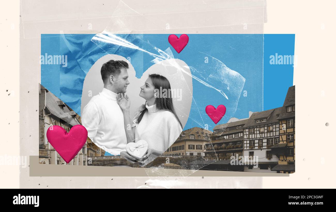 Contemporary art collage. Creative design. Happy young couple smiling ...