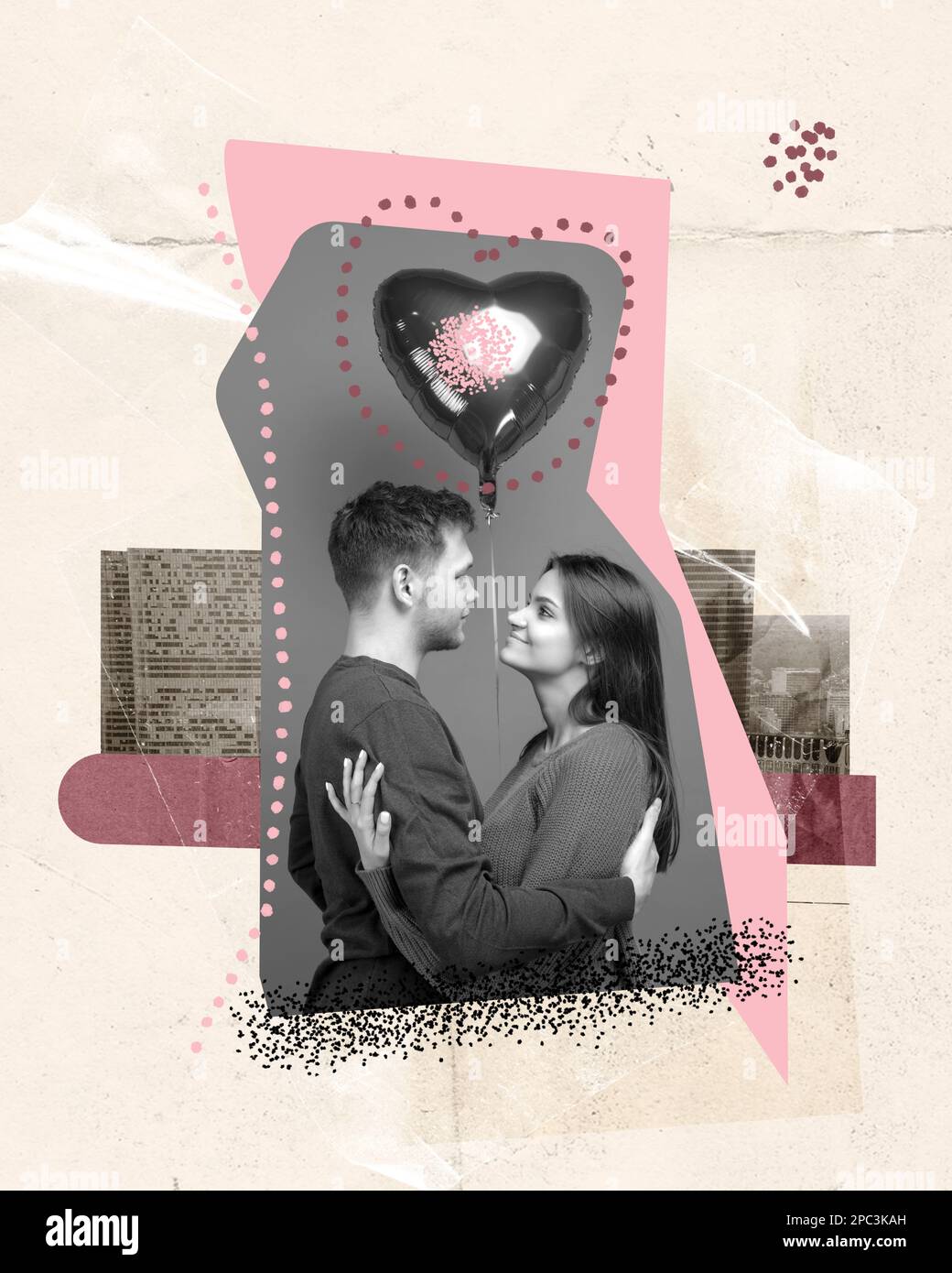 Contemporary art collage. Creative design. Happy lovely young couple ...