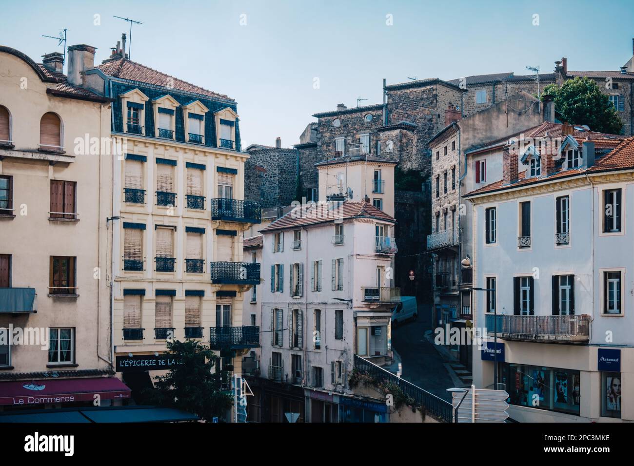 Houses and facades near the Freedom Square in the old town of Annonay ...