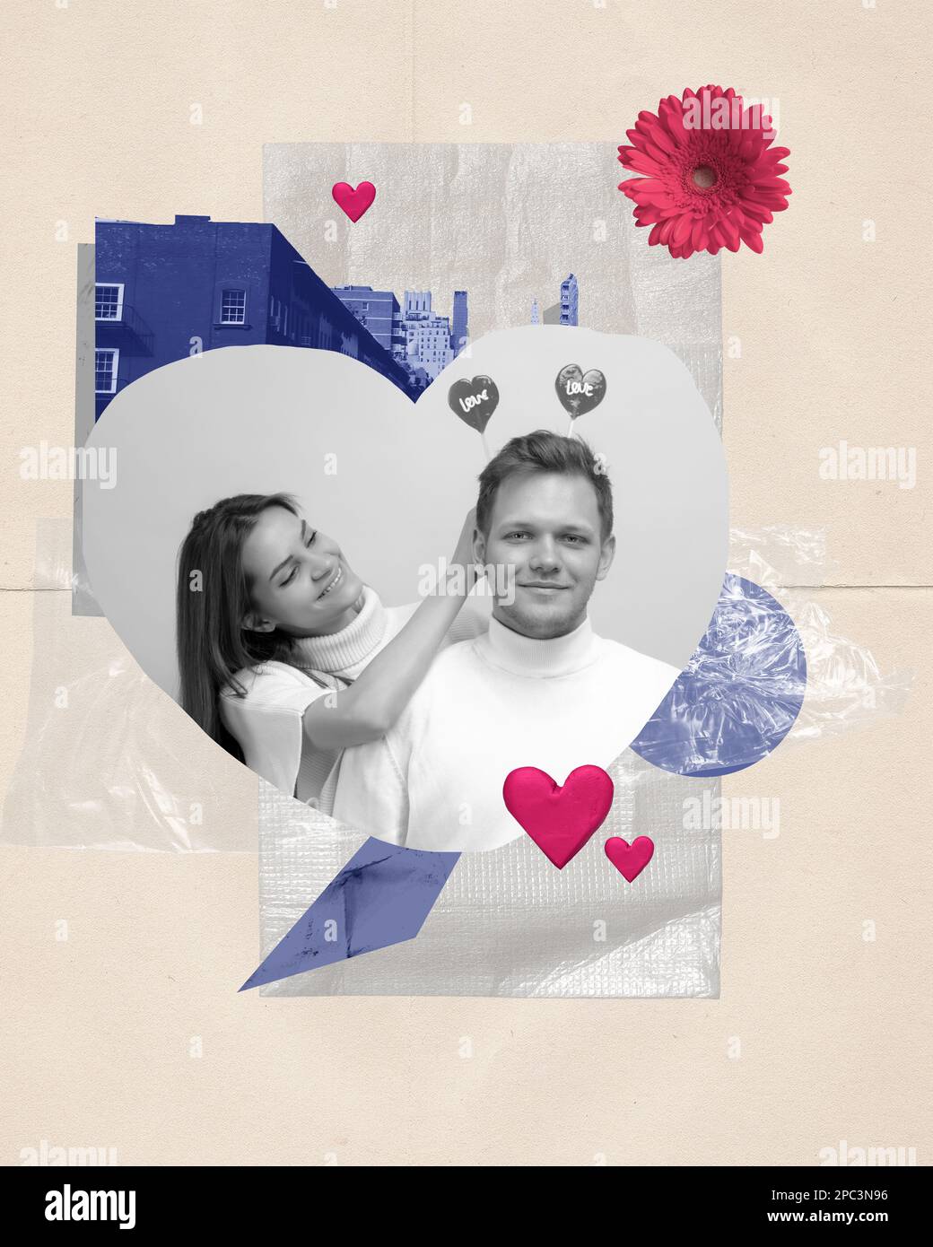 Contemporary art collage. Creative design. Happy young couple smiling ...
