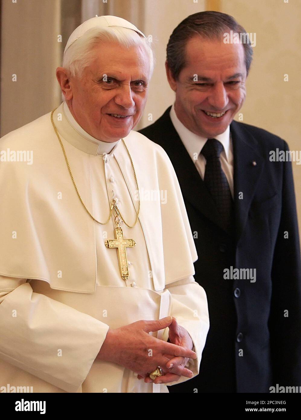 Pope Benedict XVI greets Malta's Prime Minister Lawrence Gonzi during a ...