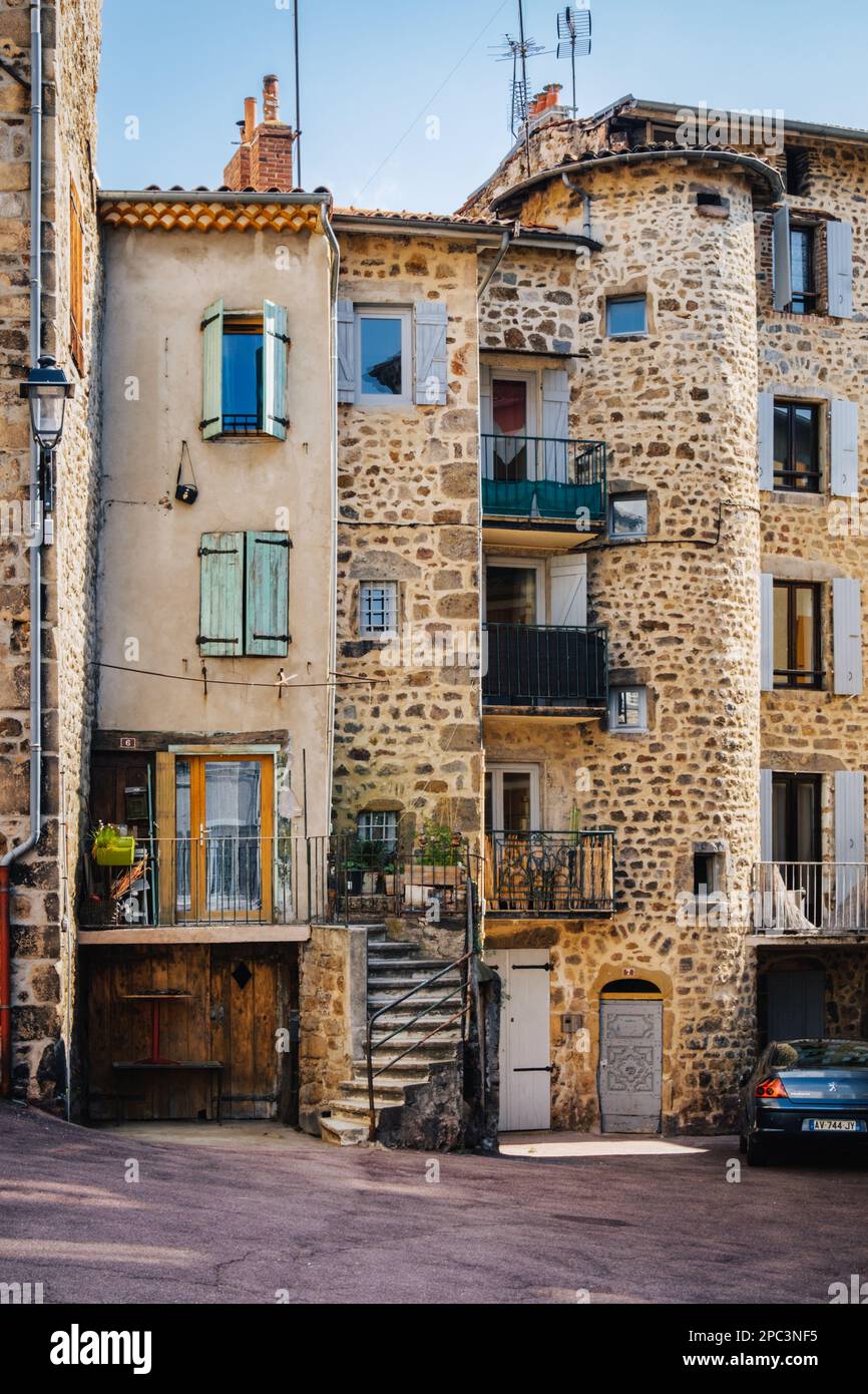 Medieval stone house with a tower in the old town of Annonay in the ...