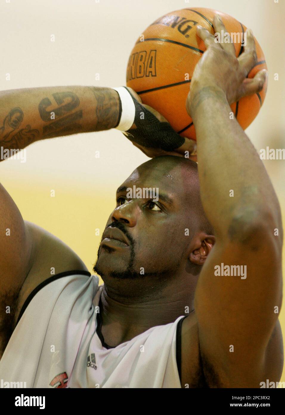 Miami Heat's Shaquille O'Neal shoots during the team's basketball ...