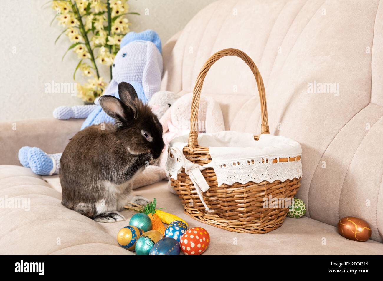 Easter brown rabbit sitting on the couch near a wicker basket with eggs ...