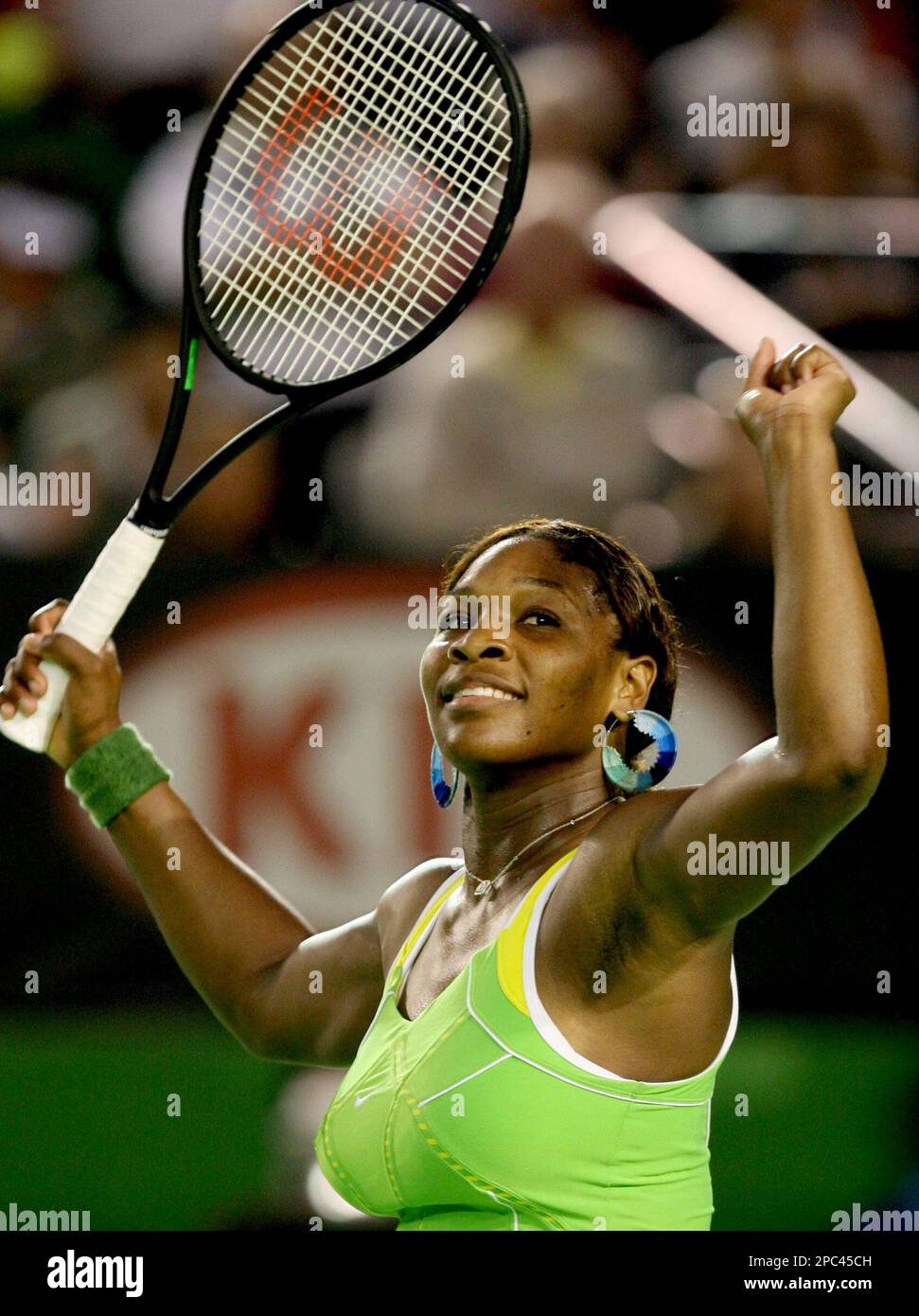 Serena Williams of the U.S., celebrates after winning her first round ...