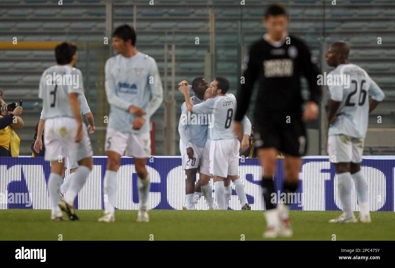 Lazio's Tommaso Rocchi is celebrated after he scored during the Serie A ...