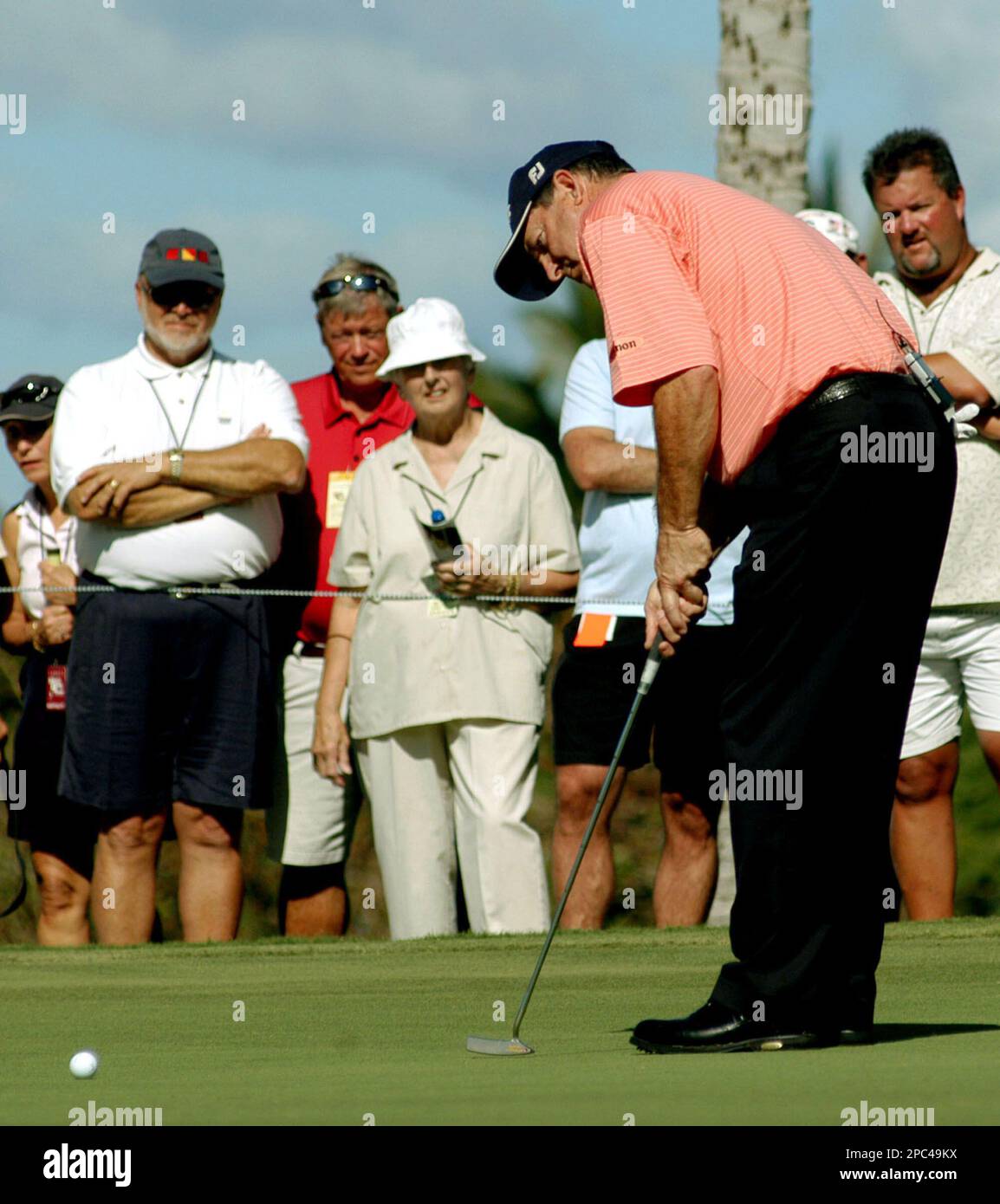 Jay Haas putts on the nine hole during the Champions Skins Game golf ...