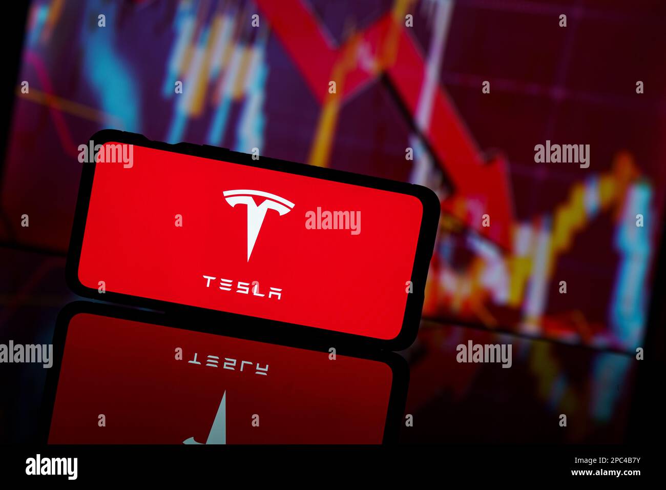 Paris, France - 2023 March 13: Tesla company shares go down at stock ...