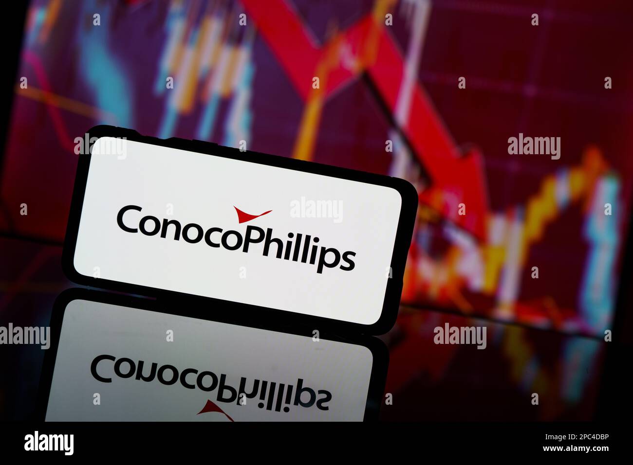 Paris, France - 2023 March 13: Conoco Phillips company shares go down at stock market. Conoco ...