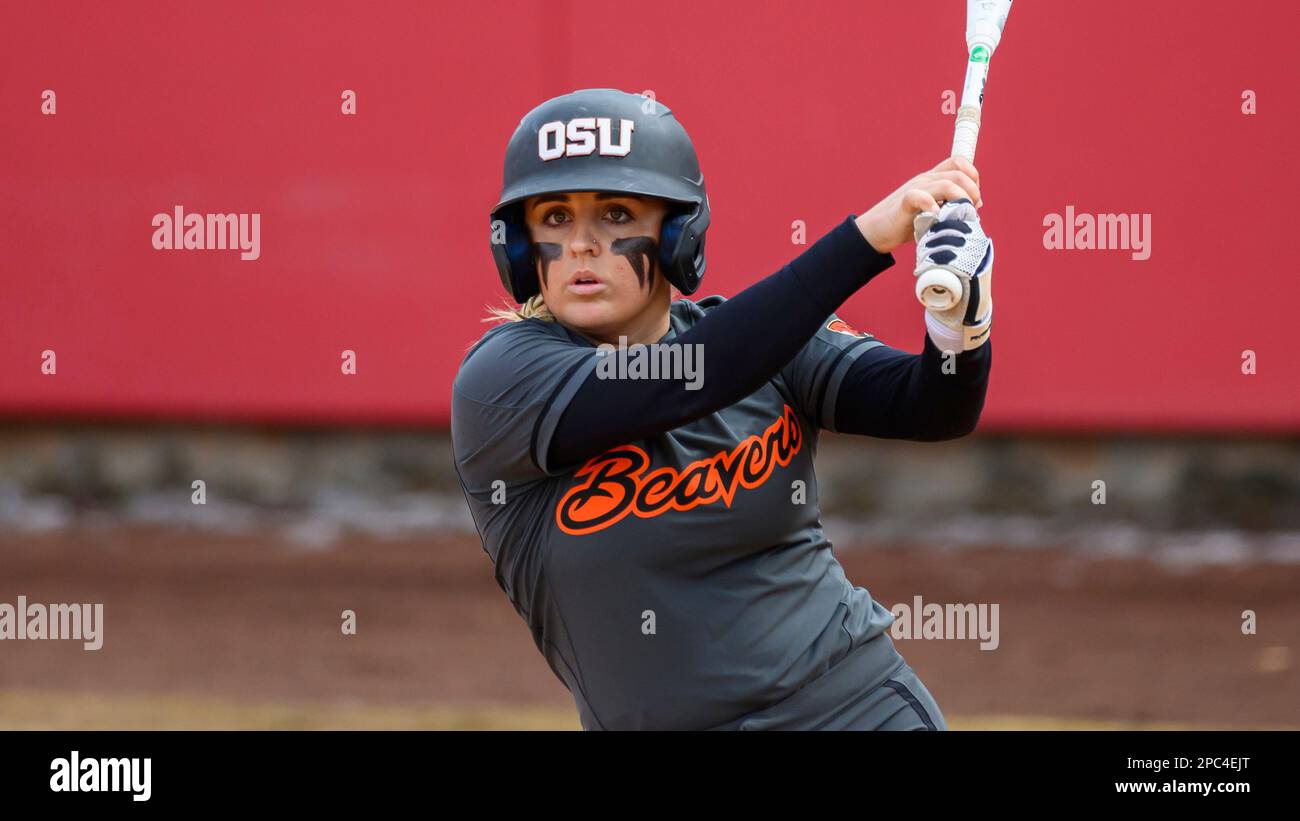 Oregon St. infielder Jenna Birch (10) hits during an NCAA softball game ...