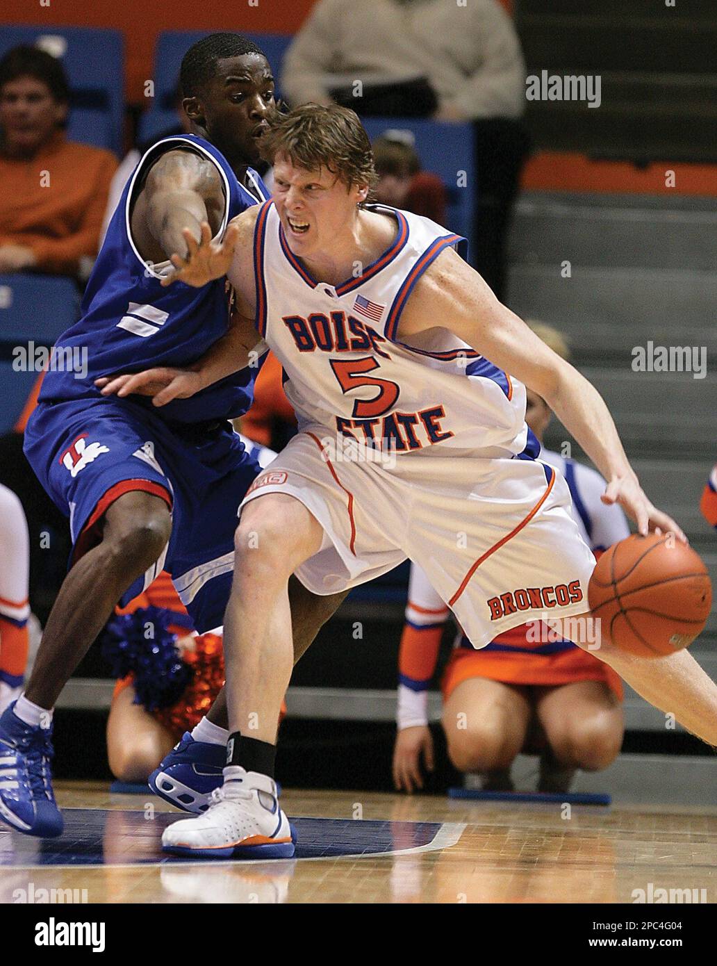 Boise State senior Coby Karl (5) drives past Louisiana Tech sophomore ...