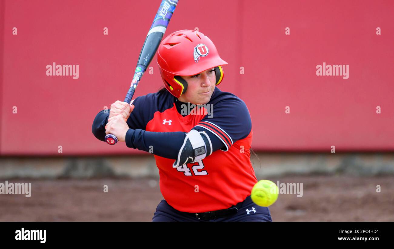 Utah infielder Julia Jimenez (42) hits during an NCAA softball game on ...