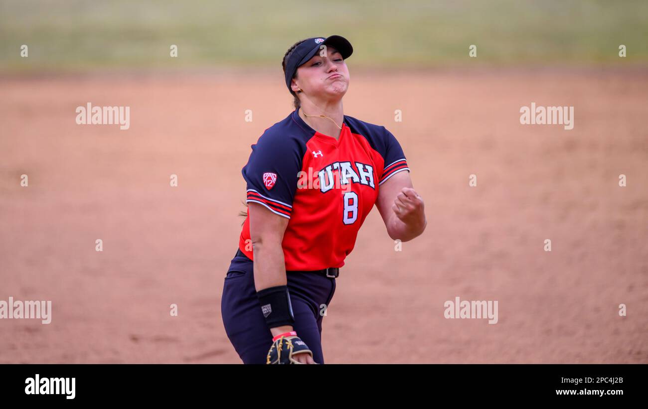 Utah starting pitcher Mariah Lopez (8) pitches during an NCAA softball ...
