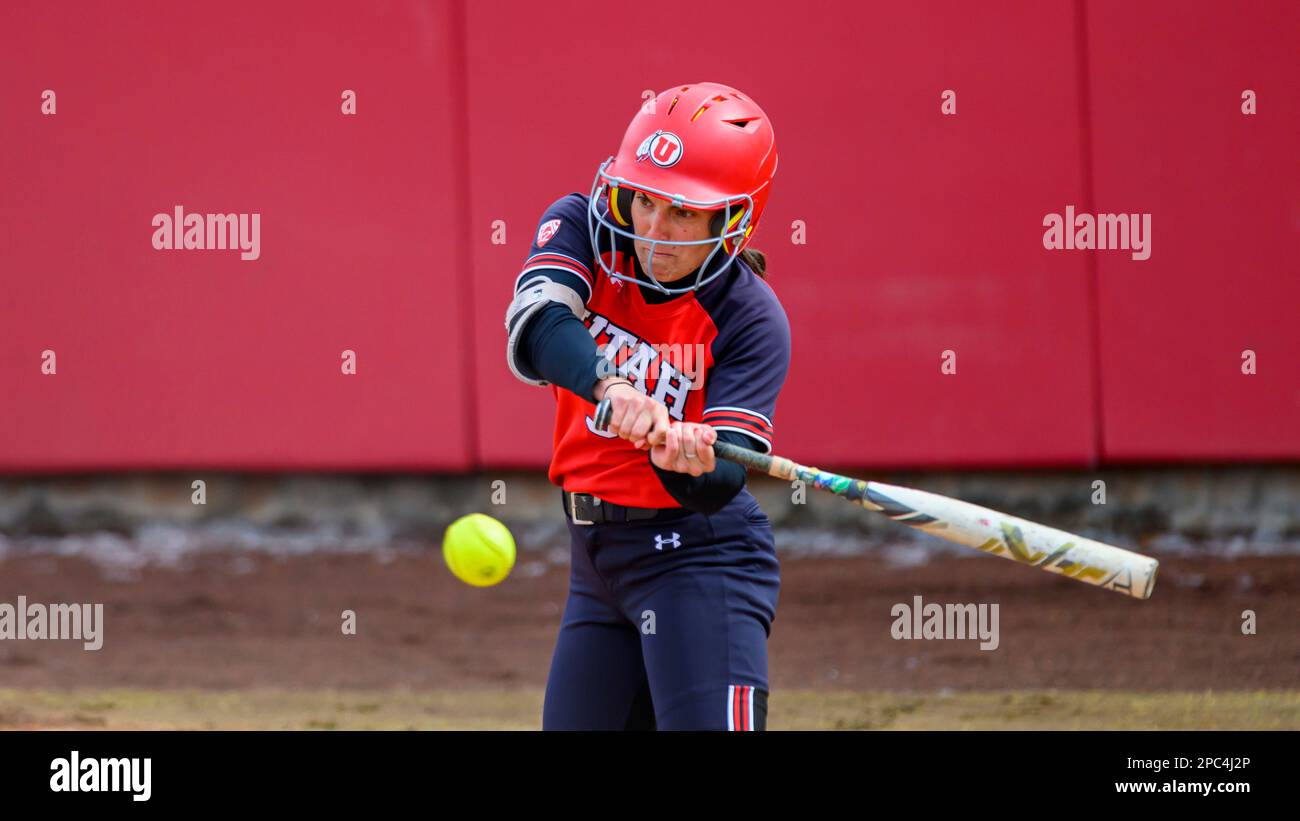 Utah infielder Haley Denning (3) hits the softball during an NCAA ...
