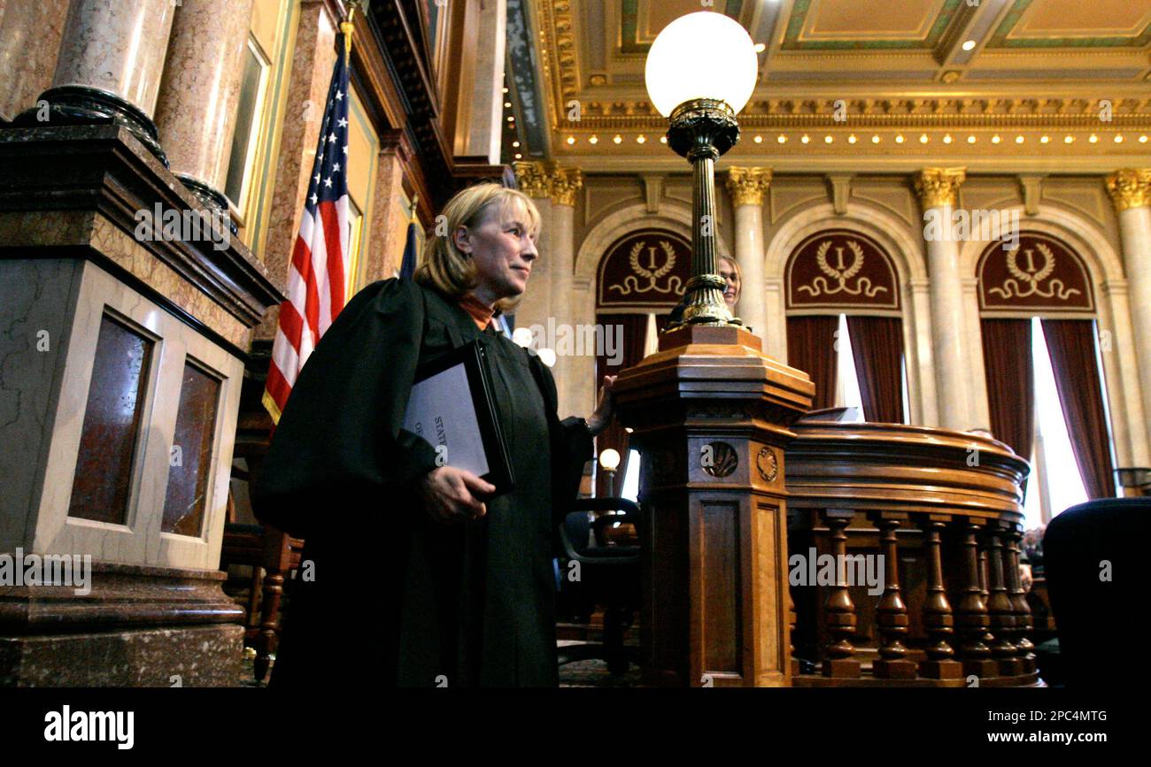 Iowa Supreme Court Chief Justice Marsha Ternus leaves the podium after ...