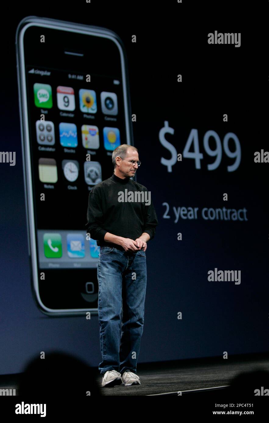 Apple CEO Steve Jobs demonstrates the new iPhone during his keynote ...