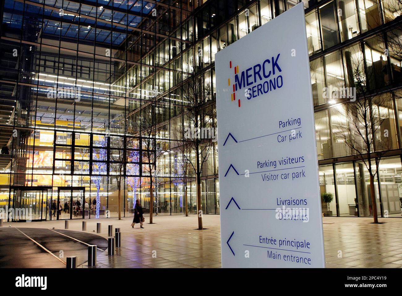Logo of new pharma company Merck Serono SA, photographed in front of ...