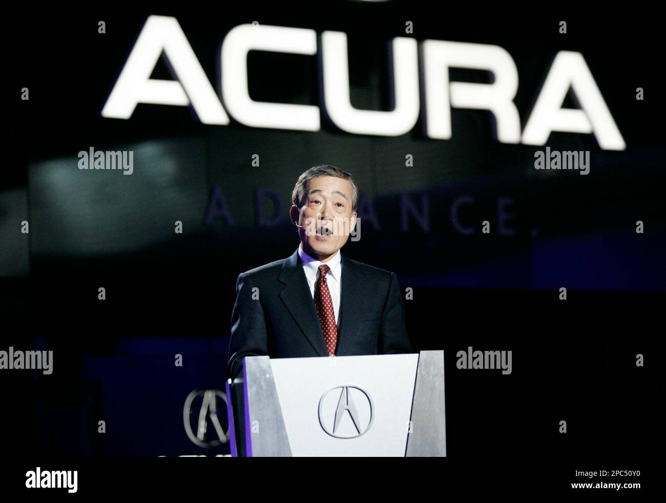Honda President and CEO Takeo Fukui speaks at the Acura viewing at the ...